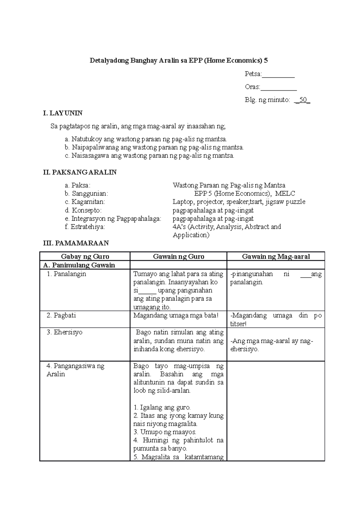 Lesson Plan EPP 5: Wastong Paraan ng Pag-alis ng Mantsa - Studocu