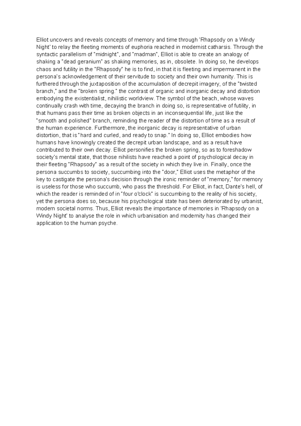 Analysis of Memory & Time in Eliot's 'Rhapsody on a Windy Night' - Studocu