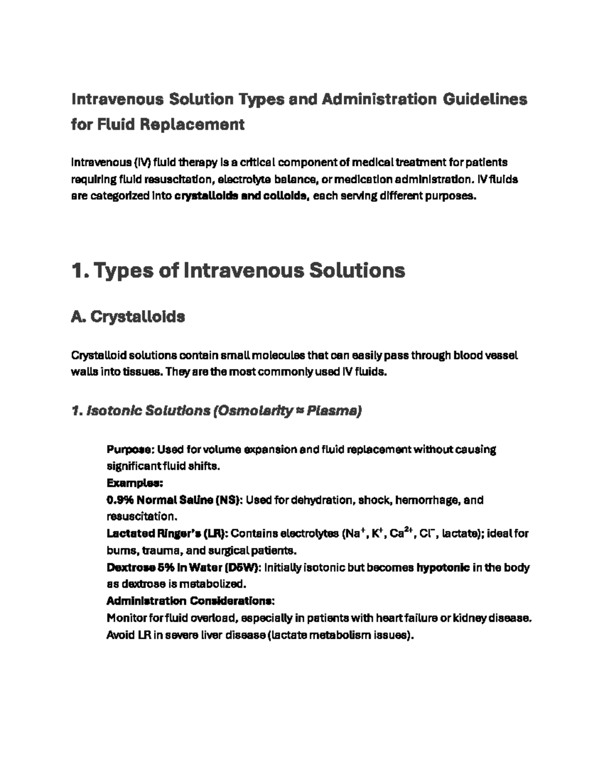 Intravenous Solution Types and Administration Guidelines for Fluid ...