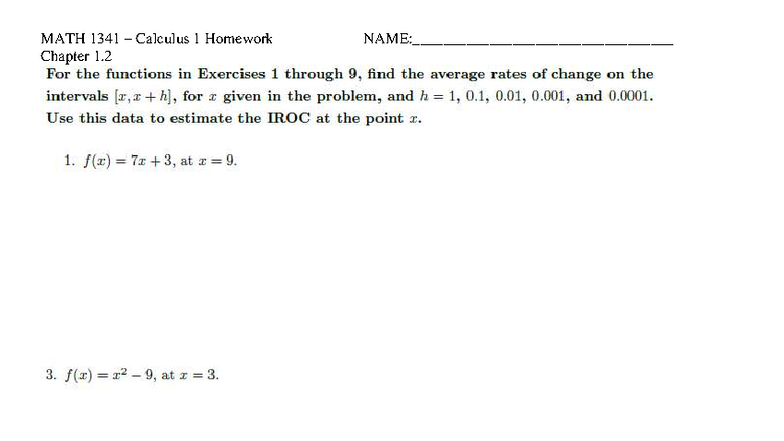 MATH 1341 Calculus 1 Homework: Chapter 1.2 Average Rates of Change ...