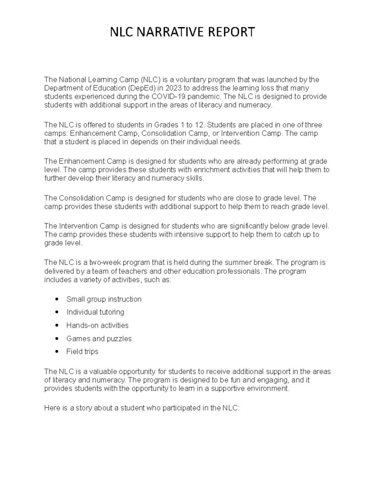 NLC- Narrative Report: Student Experience and Program Benefits - Studocu