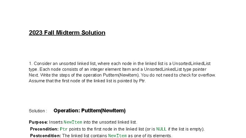 2023 Fall CS Midterm Solutions: Linked Lists & Queues - Studocu