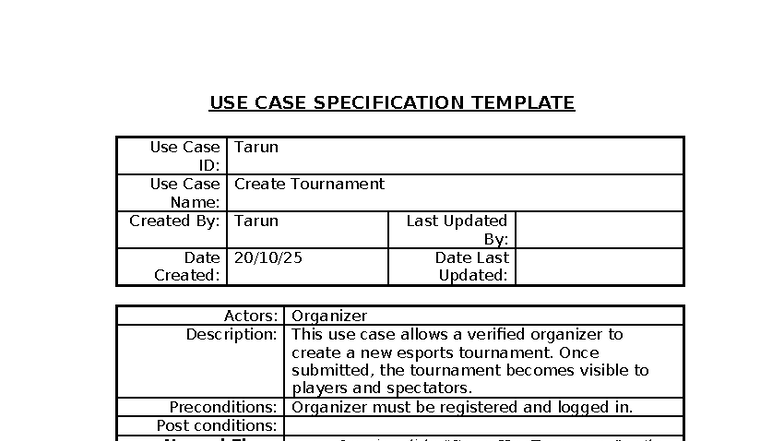 Create Tournament Use Case Specification Template - Studocu
