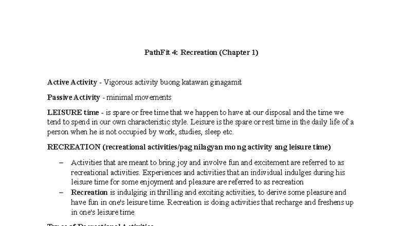 PathFit 4: Chapter 1 - Understanding Recreation and First Aid - Studocu