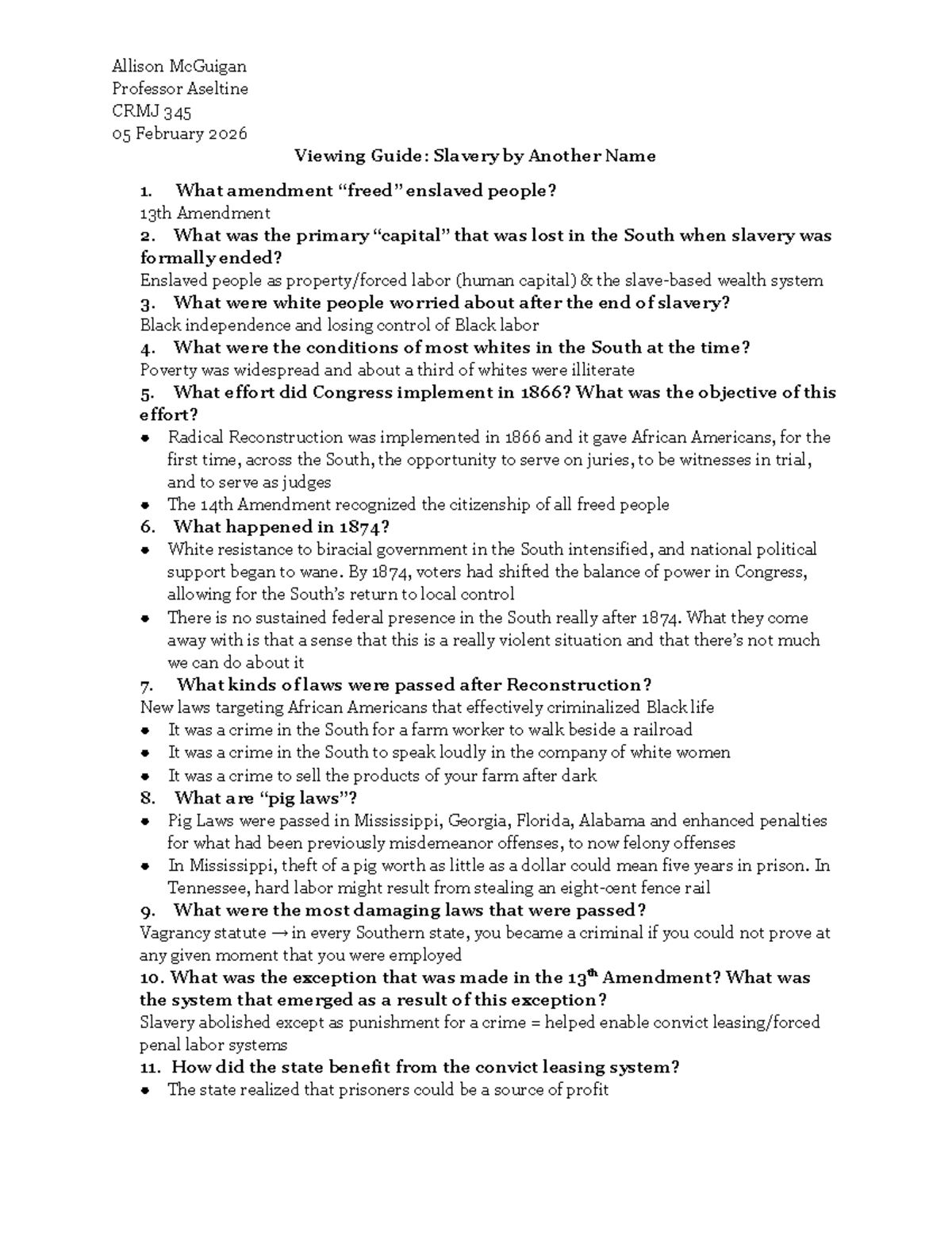 CRMJ 345 Viewing Guide: Slavery by Another Name Analysis - Studocu