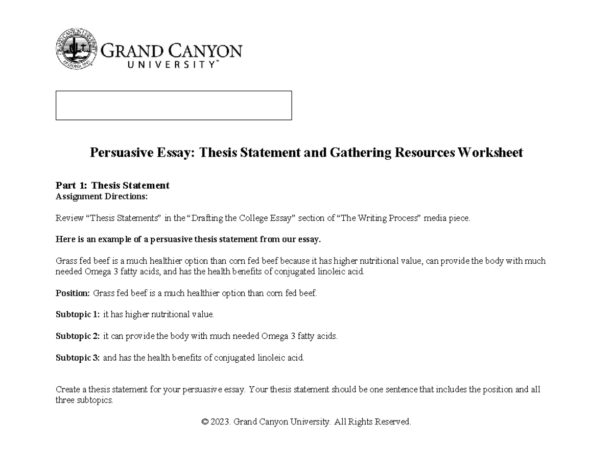 PHI105 T3 Persuasive Essay Thesis Statement & Resource Gathering ...