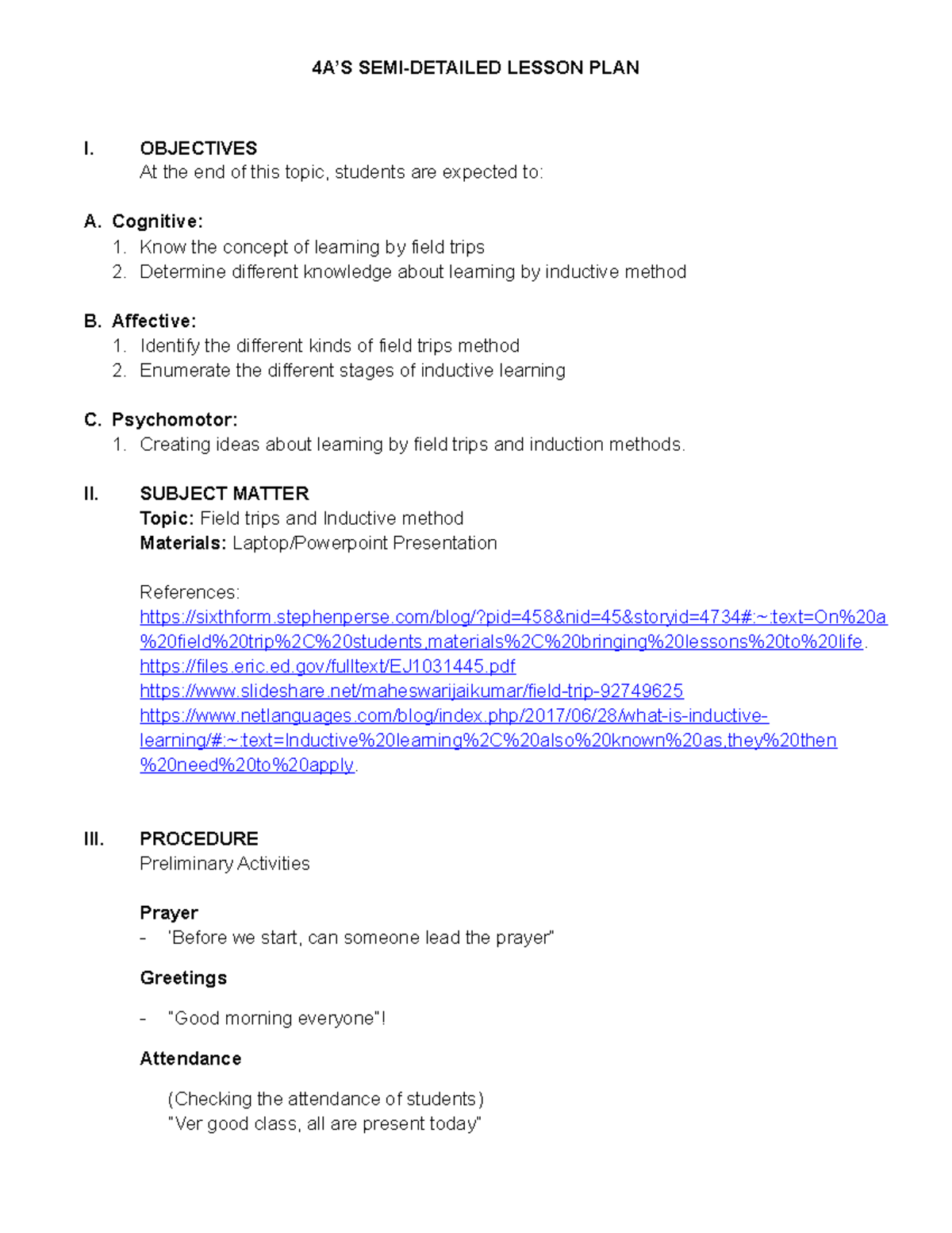 4A's Semi-Detailed Lesson Plan on Field Trips & Inductive Method - Studocu