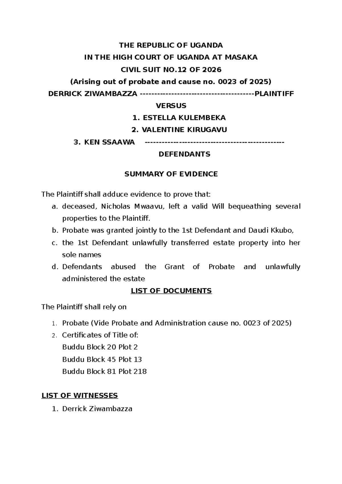 Summary of Evidence - Civil Suit No. 12 of 2026 - Studocu