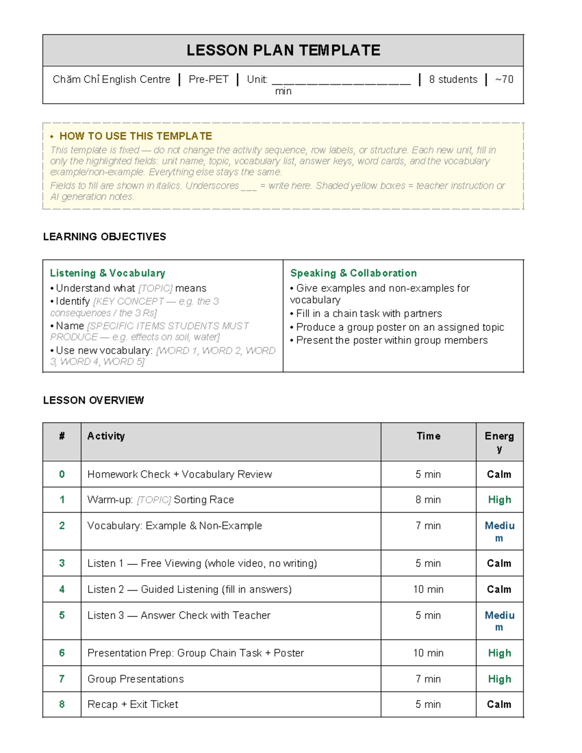 Lesson Plan Template for Unit 8 - Chăm Chỉ English Centre - Studocu
