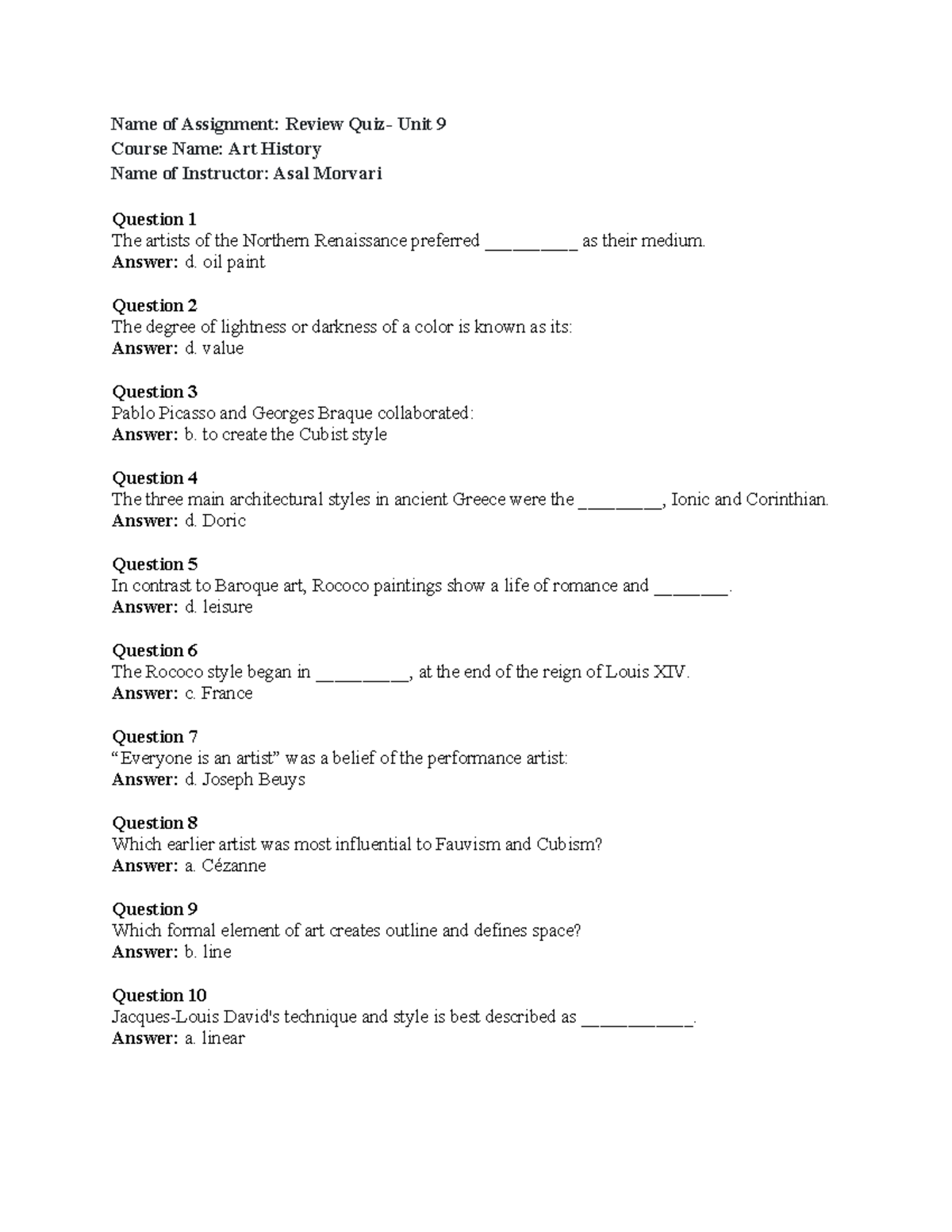 Review Quiz - Unit 9: Art History Insights and Key Concepts - Studocu
