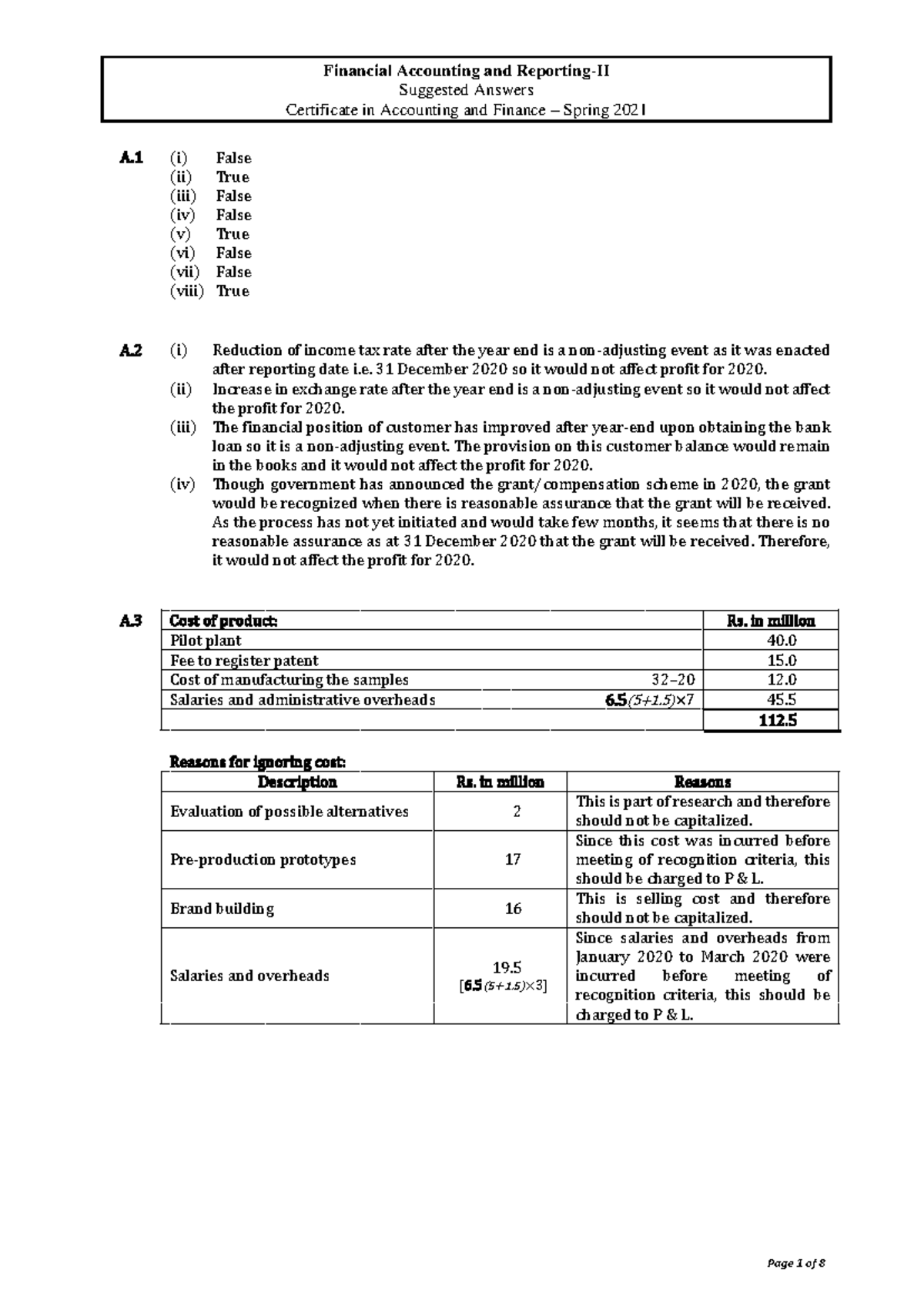 CAF 5 Spring 2021 - notes - Suggested Answers Certificate in Accounting ...