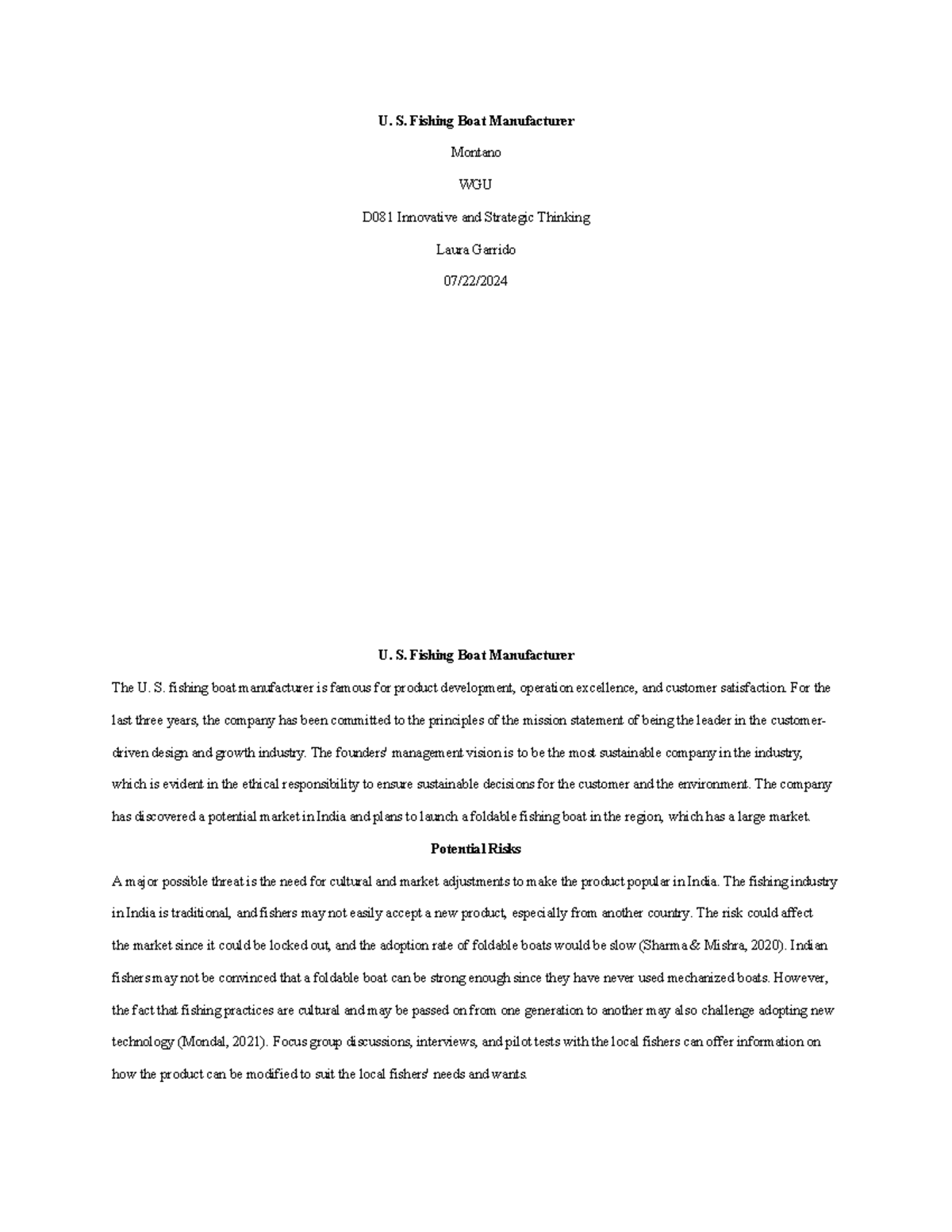 D081 Task 2 2024 - Passed - U. S. Fishing Boat Manufacturer Montano WGU ...