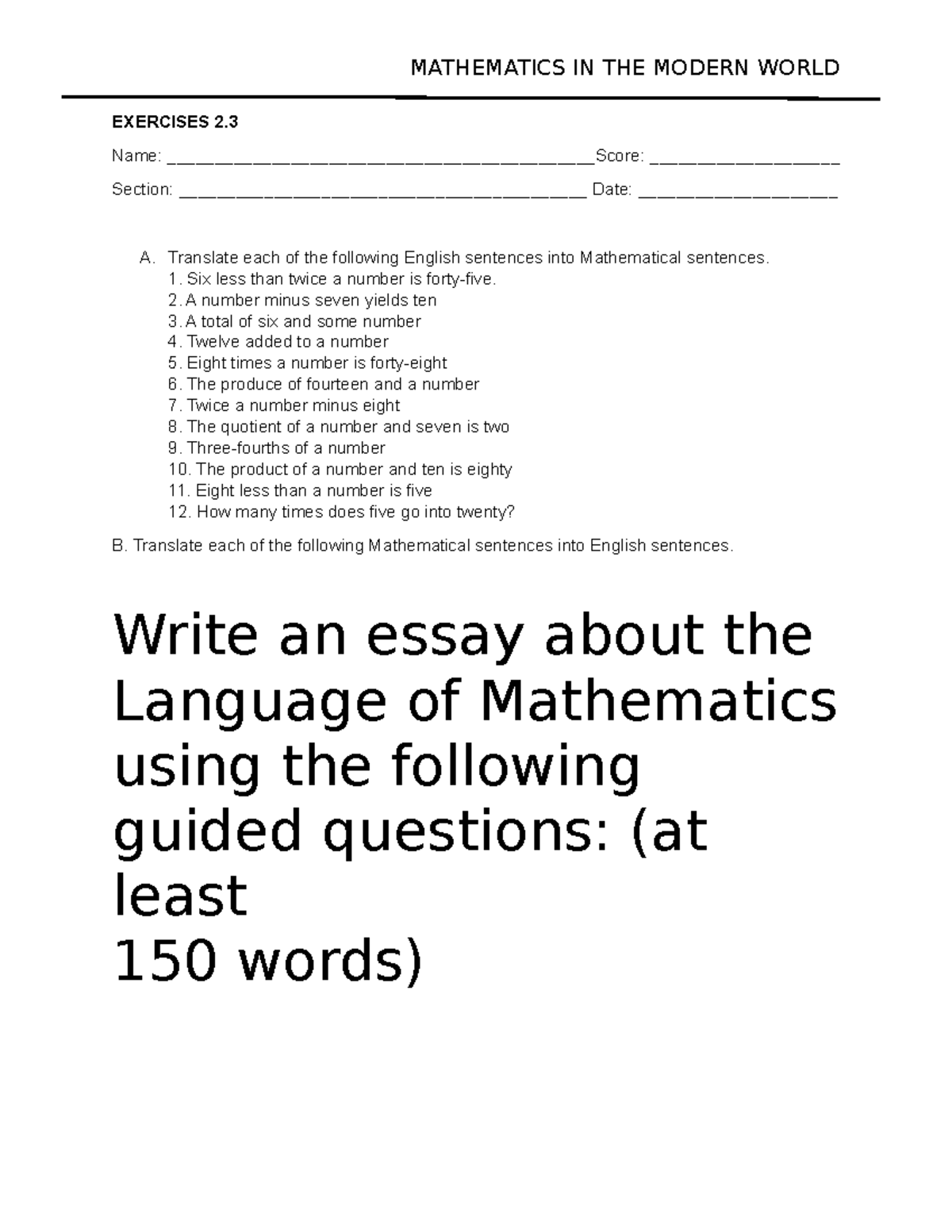 Exercises 2.3 Translating Mathematical Sentences to English Sentences ...