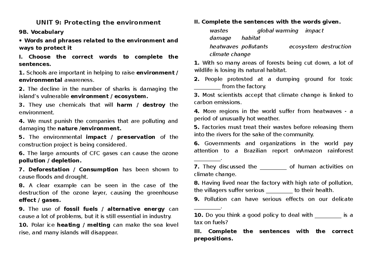 12. UNIT 9 - hi, luyện đề - UNIT 9: Protecting the environment 9B ...
