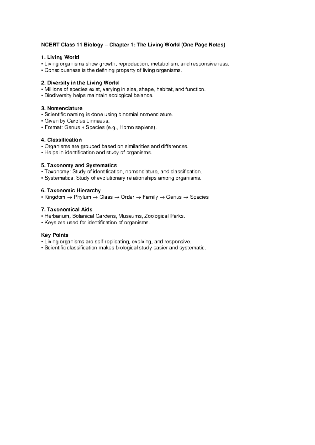 NCERT Class 11 Biology Chapter 1: The Living World Summary Notes - Studocu