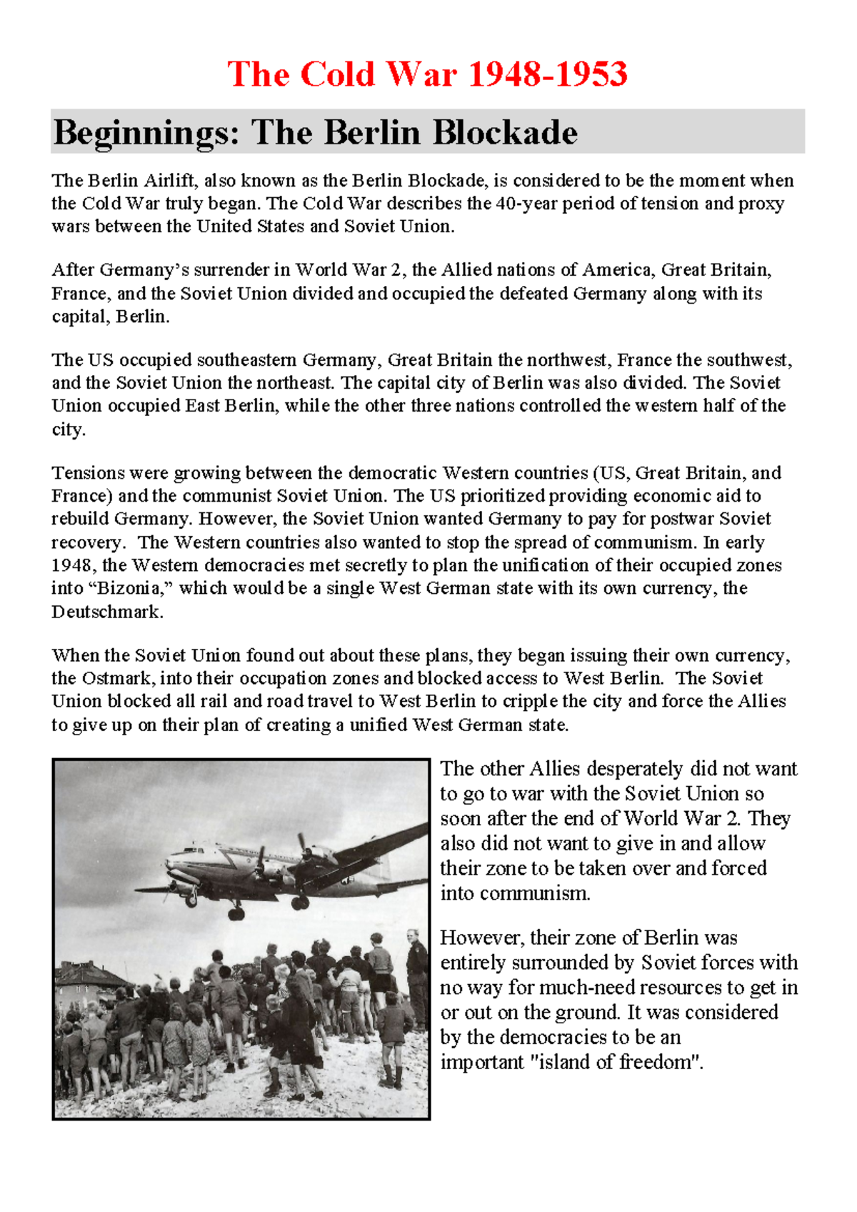 Cold War 1948-1953: The Berlin Blockade & Airlift Insights - Studocu