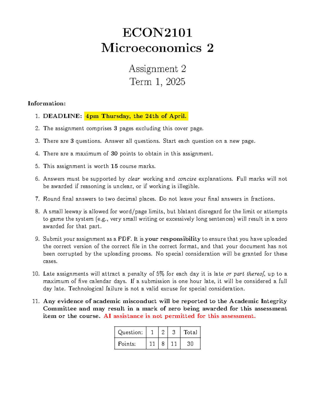 ECON2101 Microeconomics 2 Assignment 2 Guidelines & Questions Term 1, 2025 - Studocu