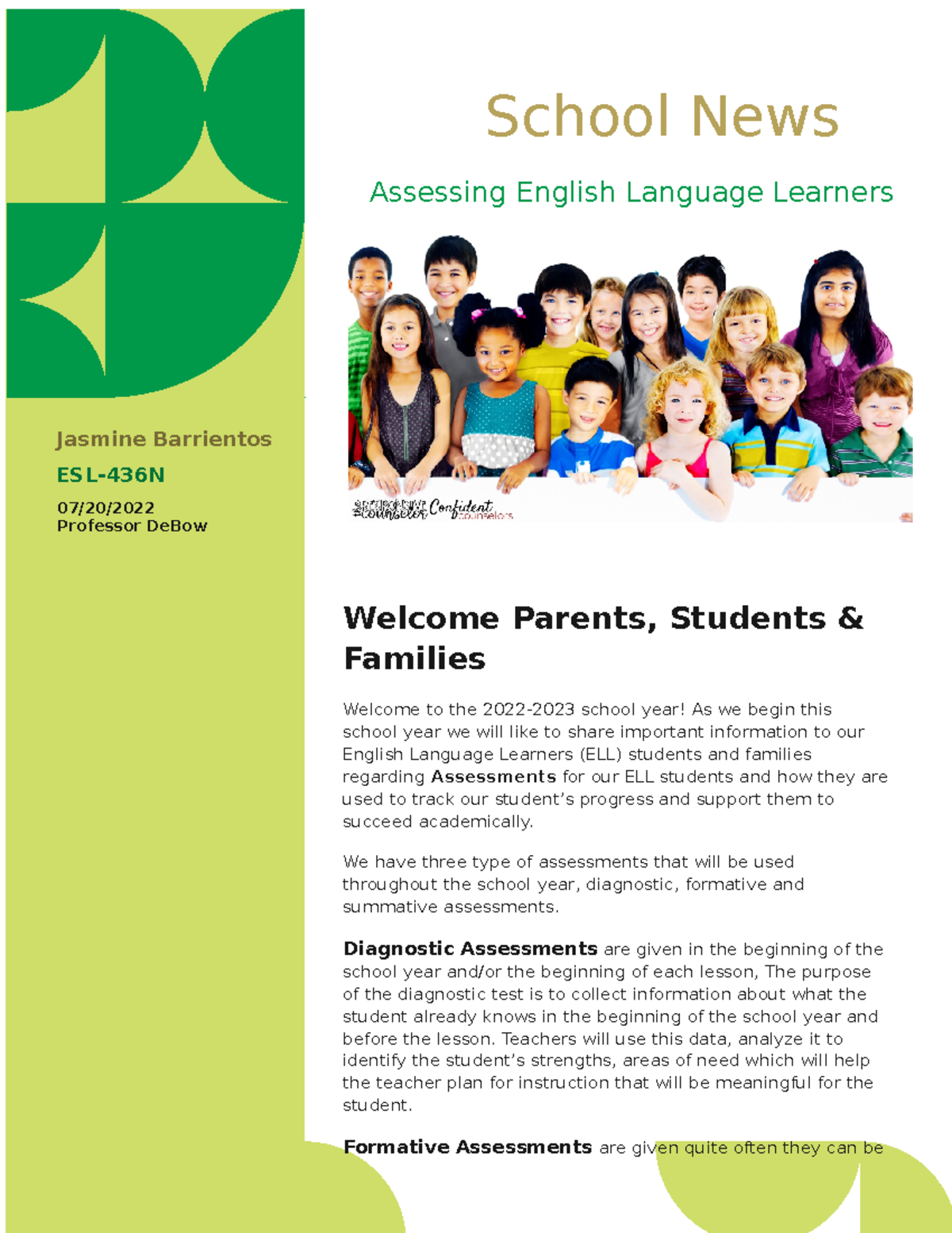 ESL-436N Week 8 Newsletter: Assessments for ELL Students - Studocu