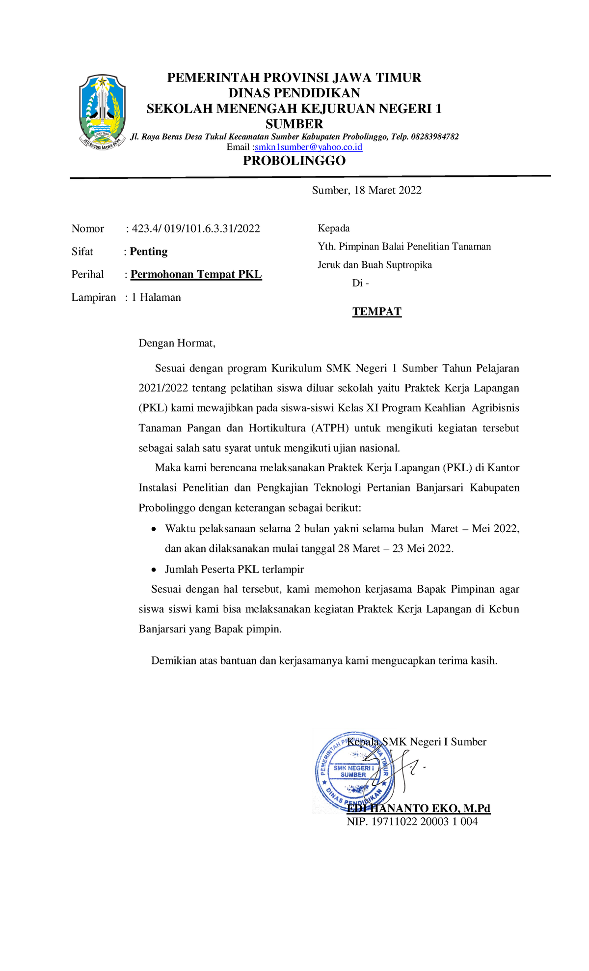 Surat PKL Balitjestro 2022 - PEMERINTAH PROVINSI JAWA TIMUR DINAS ...