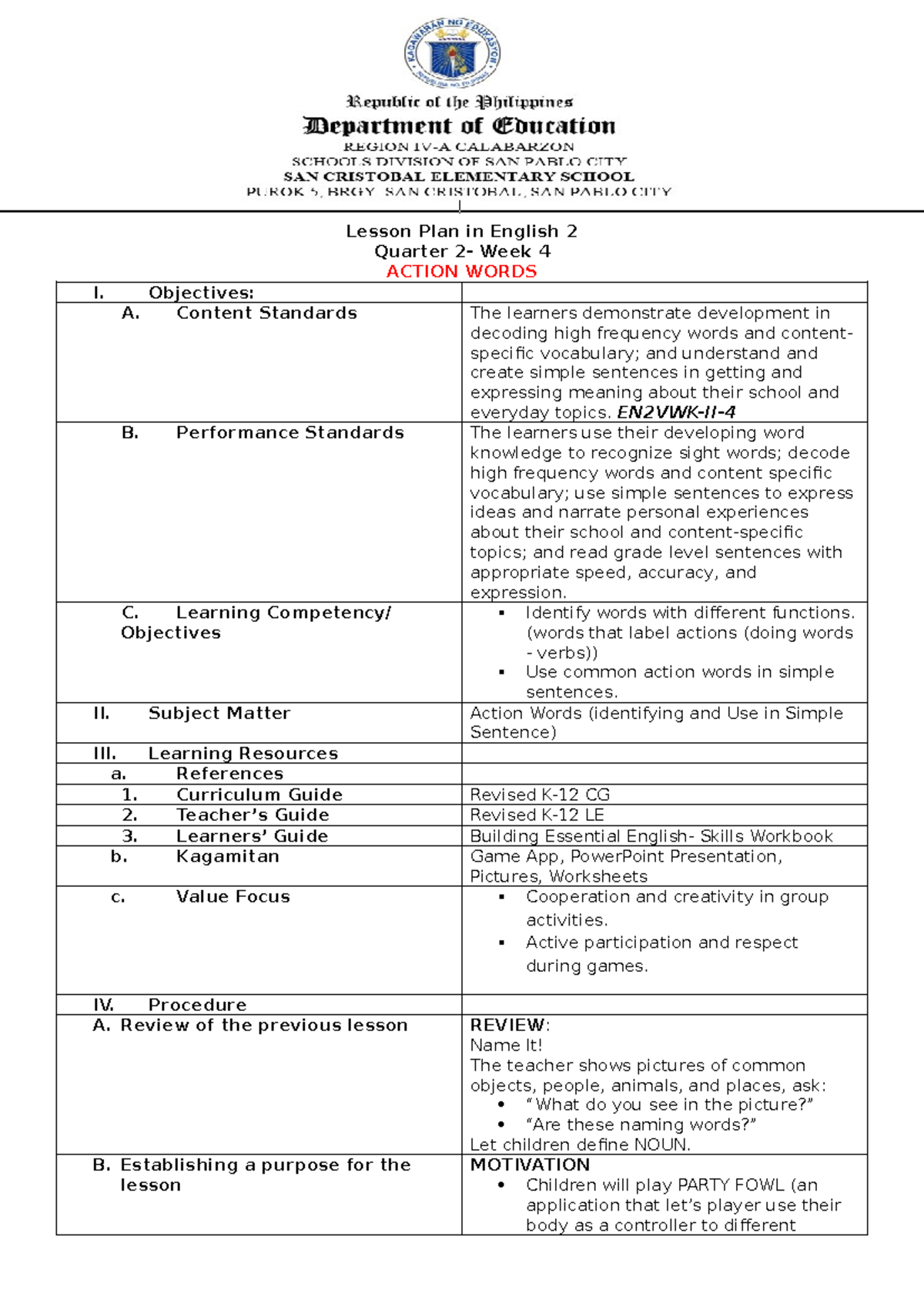 DLP English 2 Quarter 4 Lesson Plan: Action Words and Verbs - Studocu