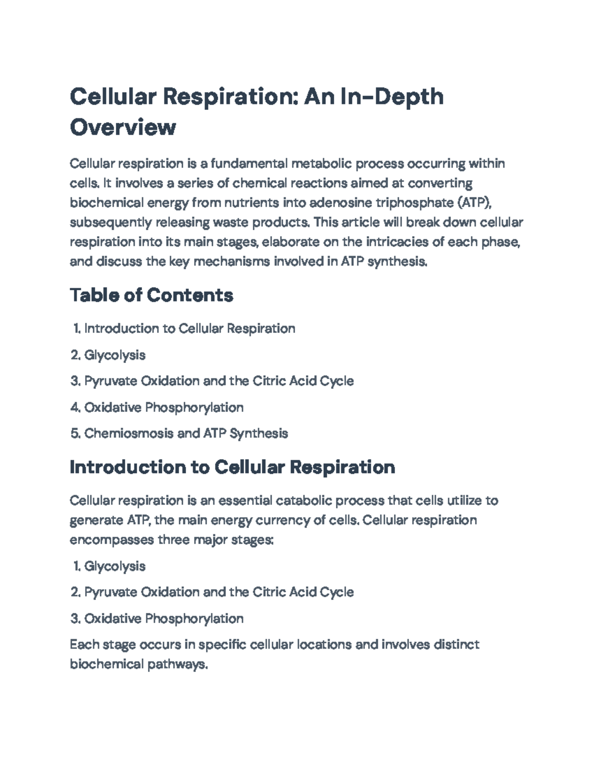 Cellular Respiration: Detailed Processes and Mechanisms (BIO101 ...