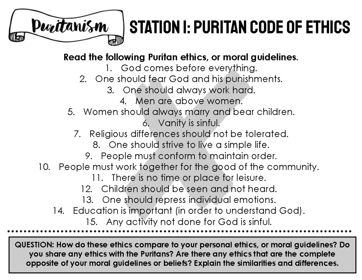 Puritanism Introduction Learning Stations - Read the following Puritan ...
