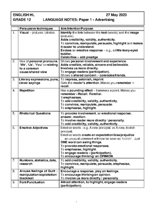 English Paper 1 notes - For a reading time in a Grade 12 English Home ...