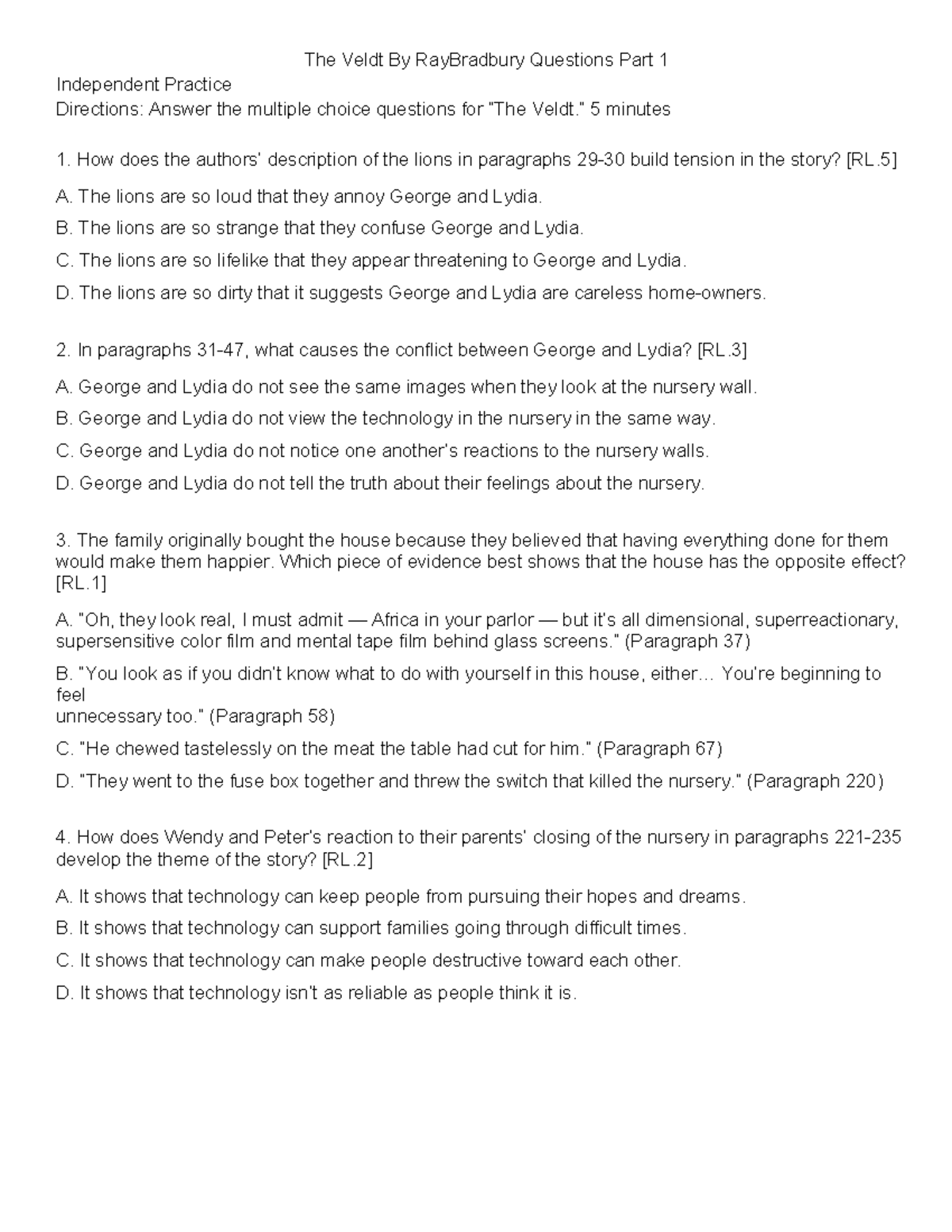 Kaylen Brown - The Veldt Ray Bradbury Post reading Questions - The ...