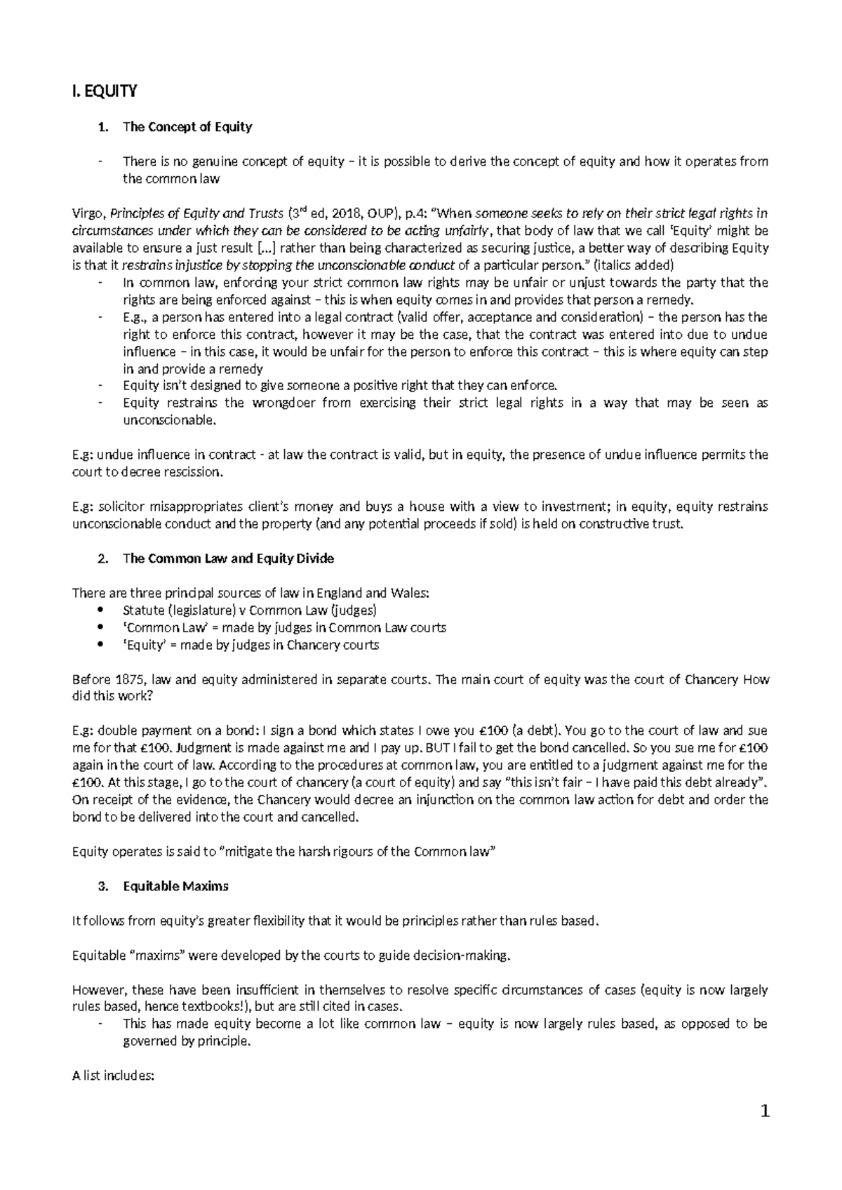 Equity - Summary: Concepts, Common Law Divide & Maxims - Studocu