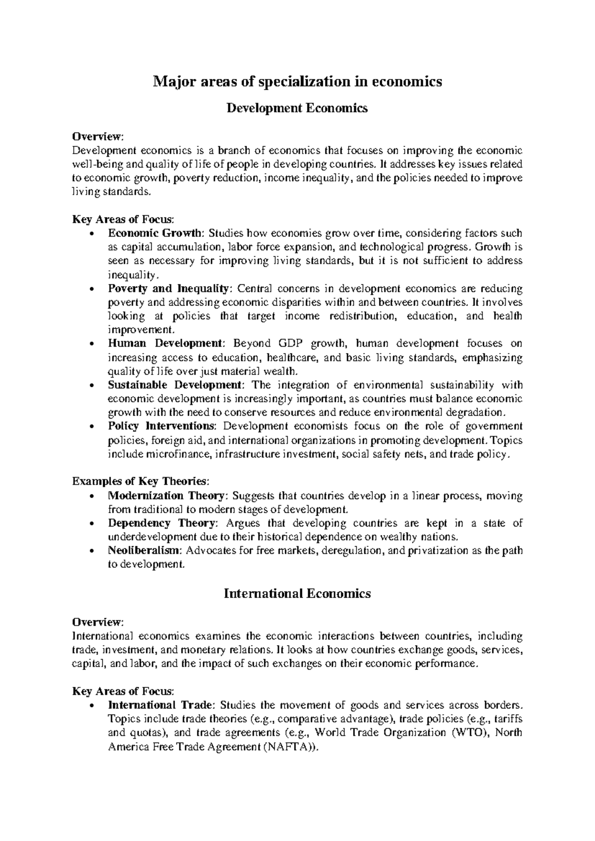Major Areas of Specialization in Economics: Development, International ...