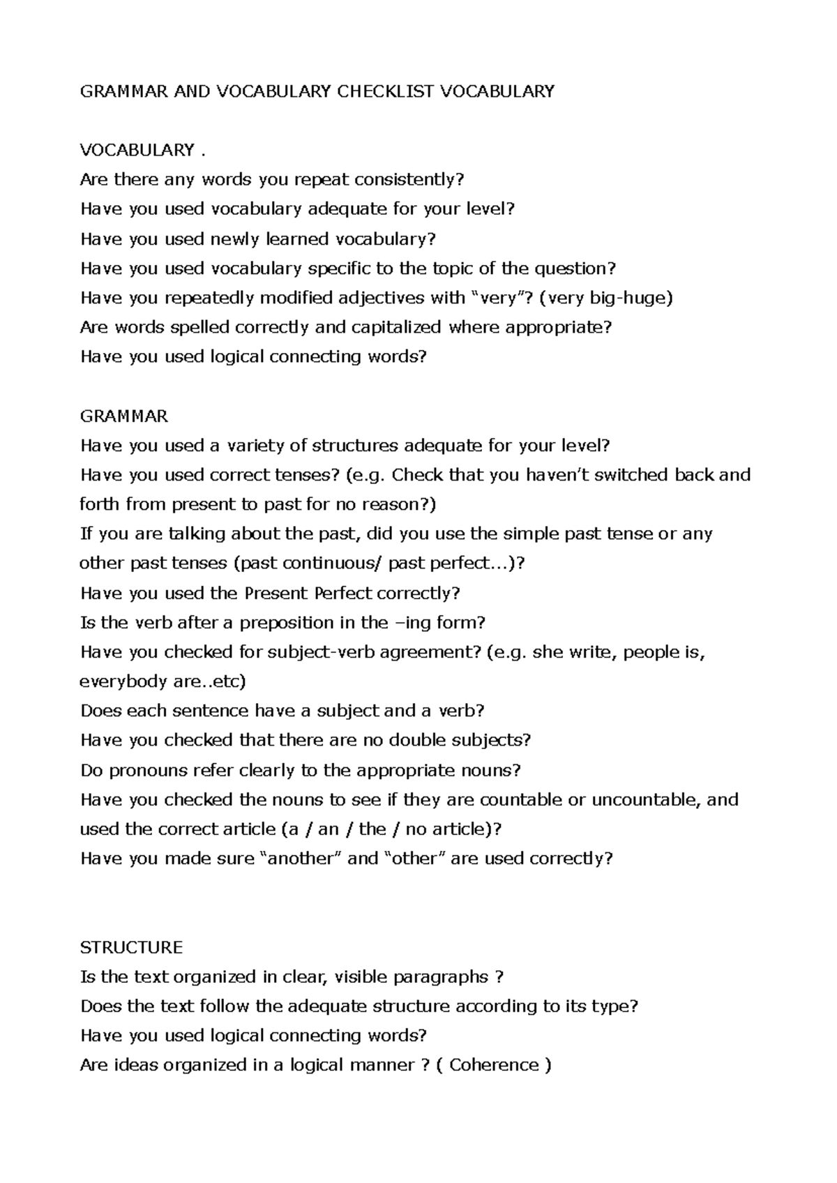 Grammar and Vocabulary Checklist for Writing (GV 101) - Studocu