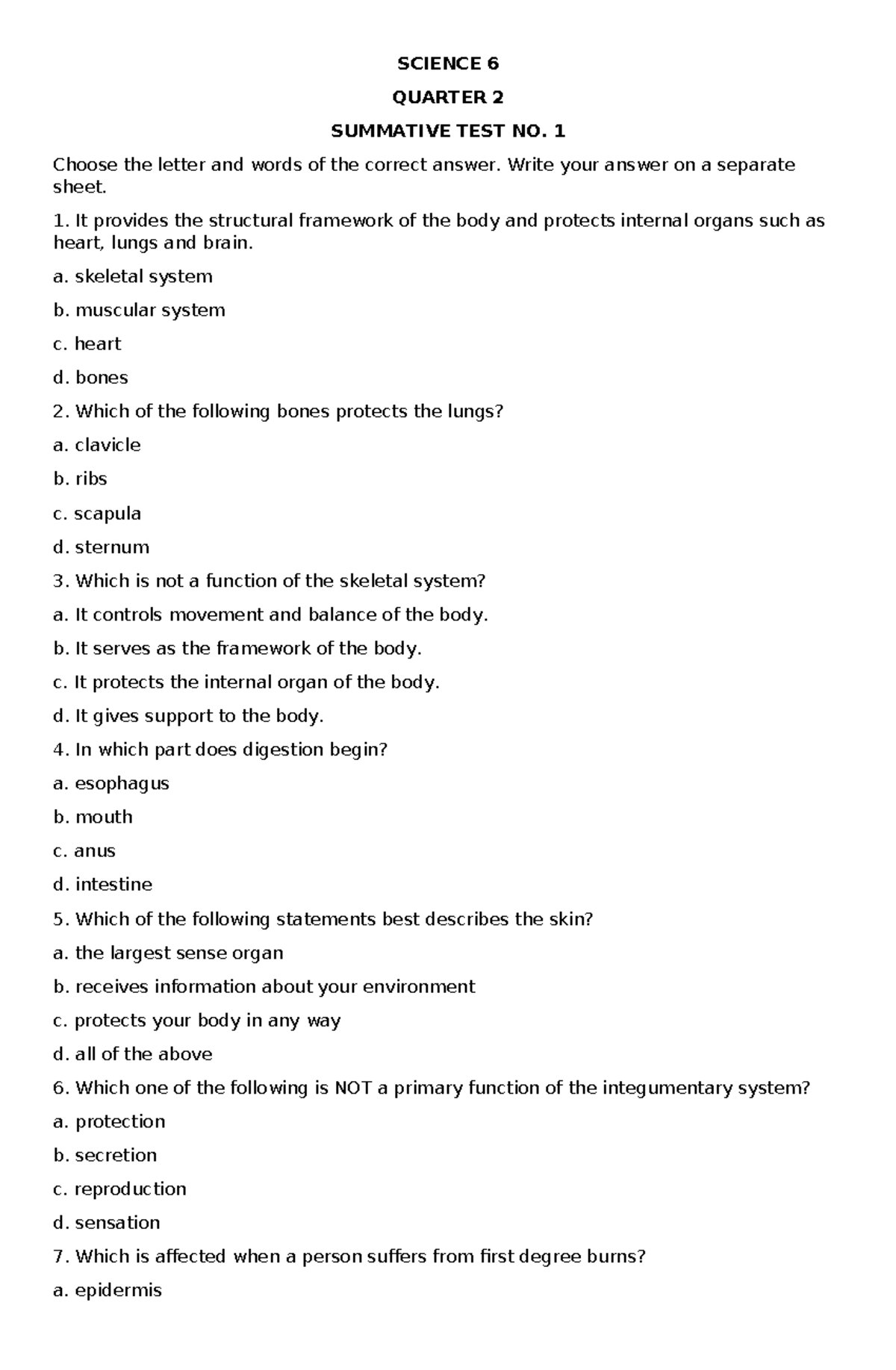 Science 6- Q2 Summative test no. 1 - SCIENCE 6 QUARTER 2 SUMMATIVE TEST ...