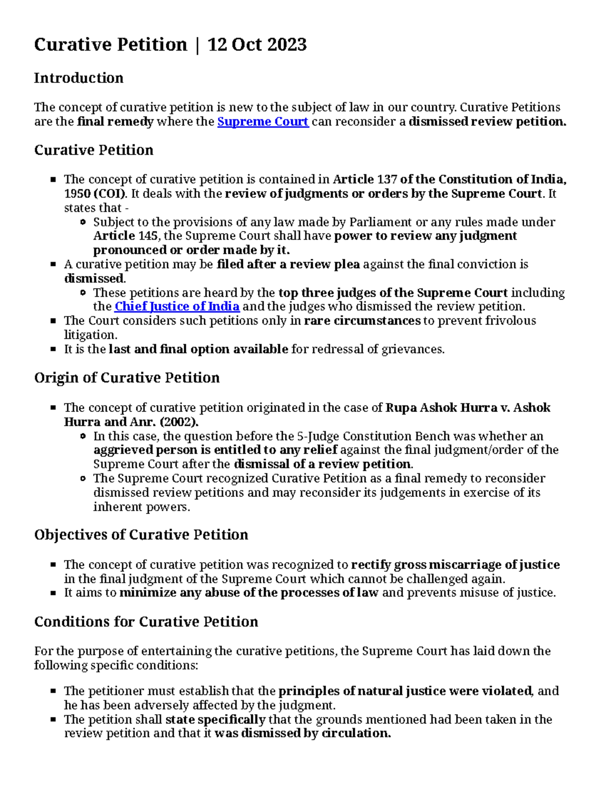 Curative Petition Overview - Yyyyyyy66tyi - Studocu