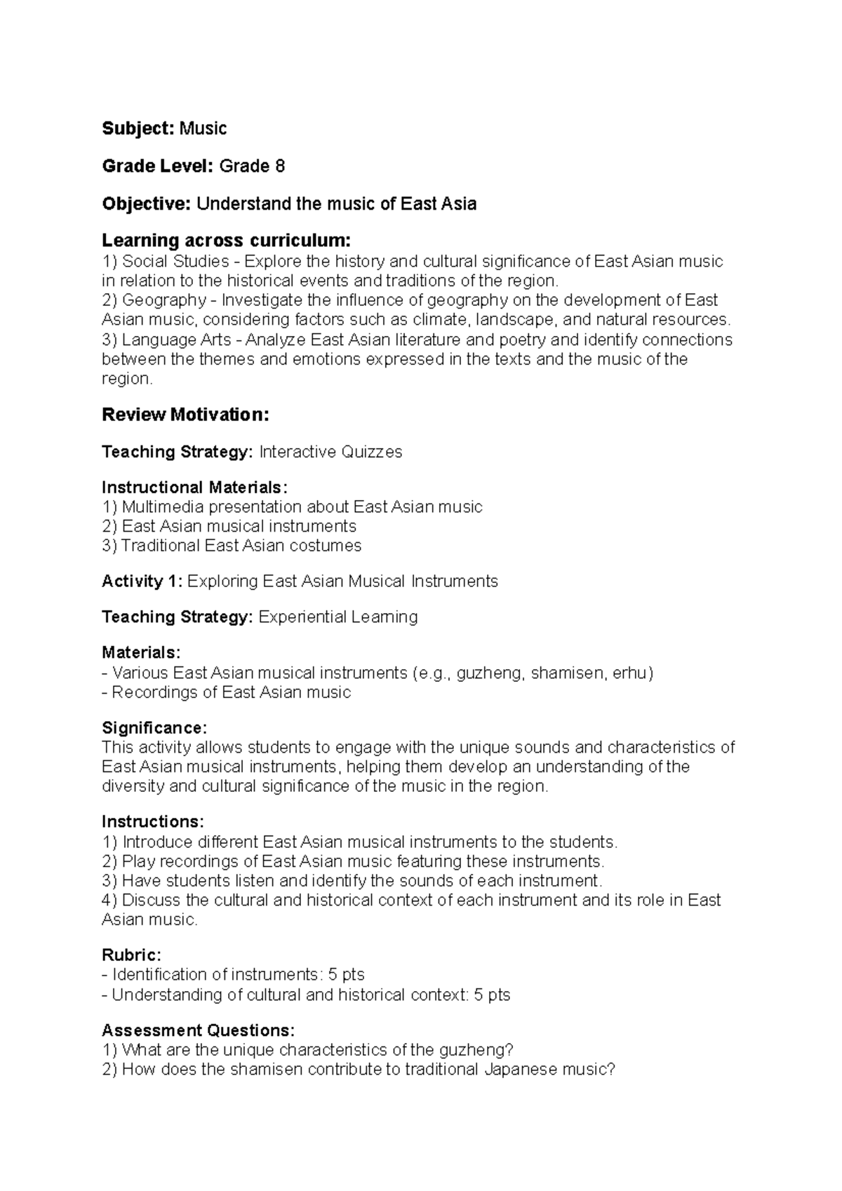 Lesson plan - thanks - Subject: Music Grade Level: Grade 8 Objective ...