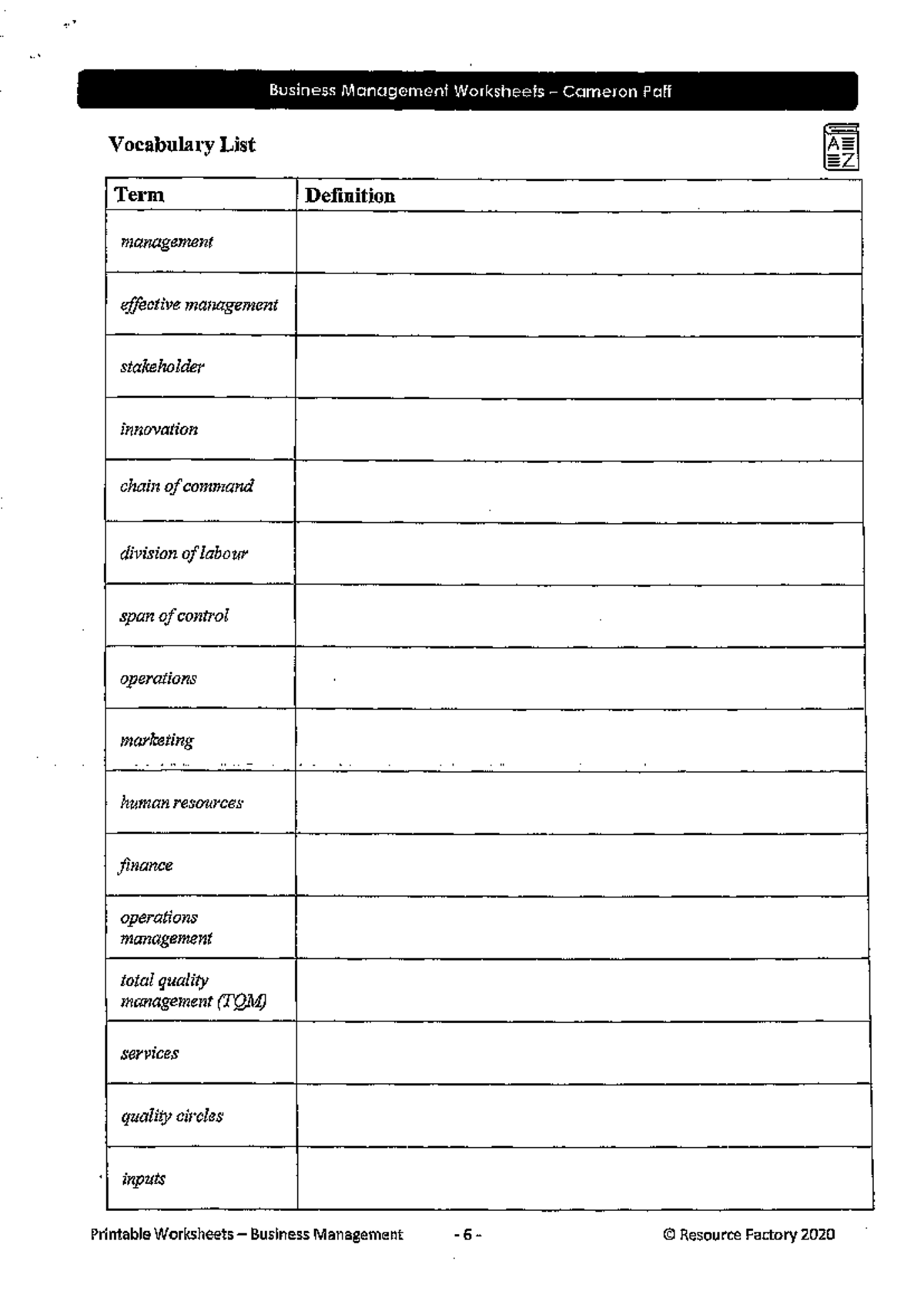 Business Management Worksheets: Key Concepts & Approaches (Year 11 ...