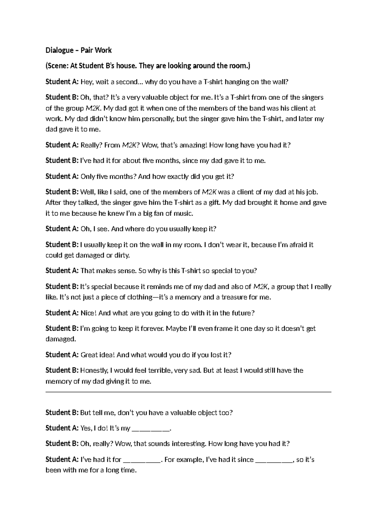 Middle Oral Task: Dialogue Pair Work on Valuables and Memories - Studocu