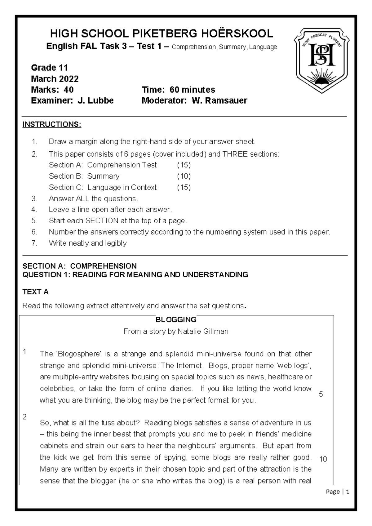 Grade 11 English FAL Task 3 Test 1: Comprehension & Language 2022 - Studocu