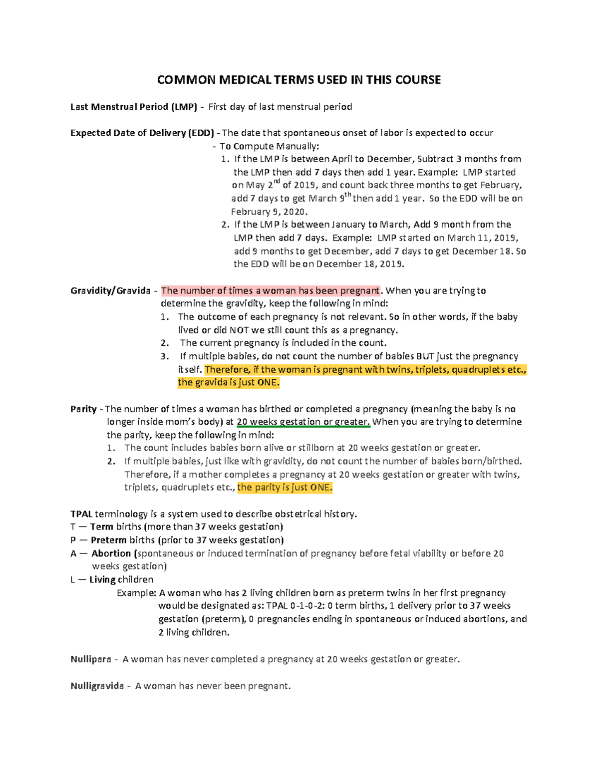 Common Medical Terms for Obstetrics (Course Code: MED101) - Studocu