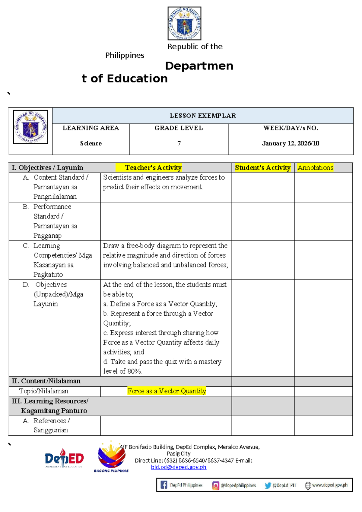 Force as a Vector Quantity Lesson Plan (LP-10) for Science 7 - Studocu