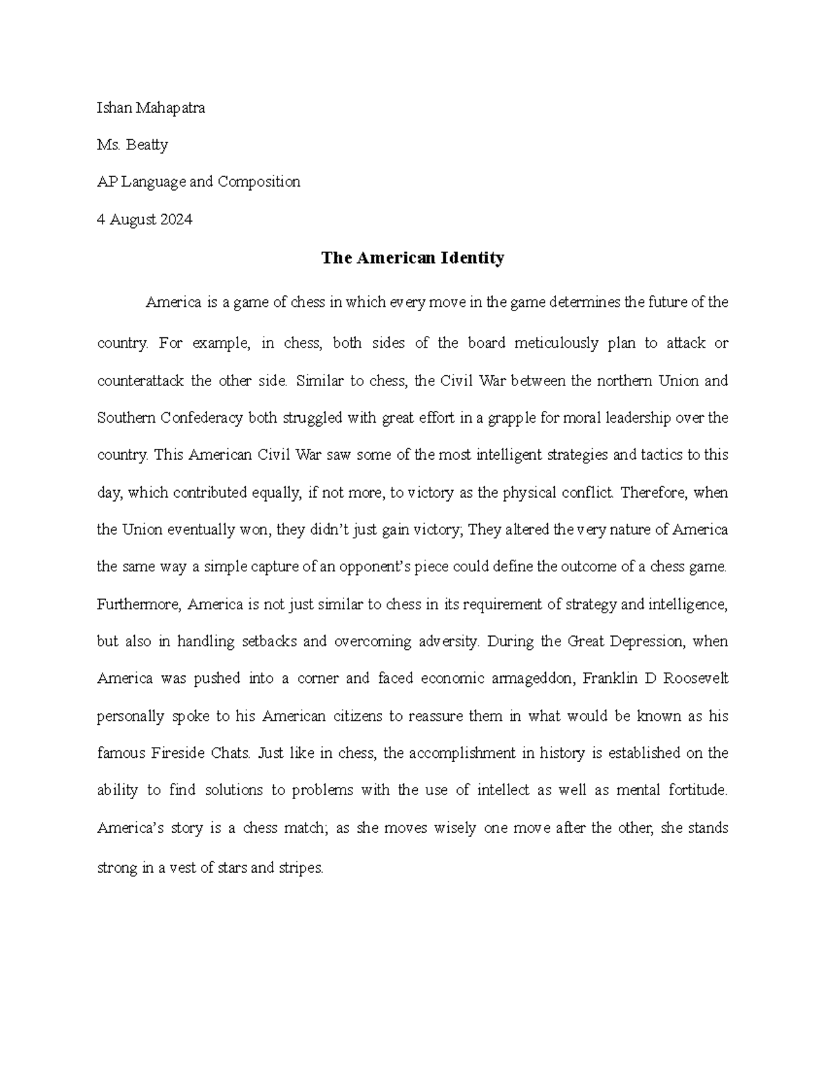 The American Identity Paragraph - Ishan Mahapatra Ms. Beatty AP ...