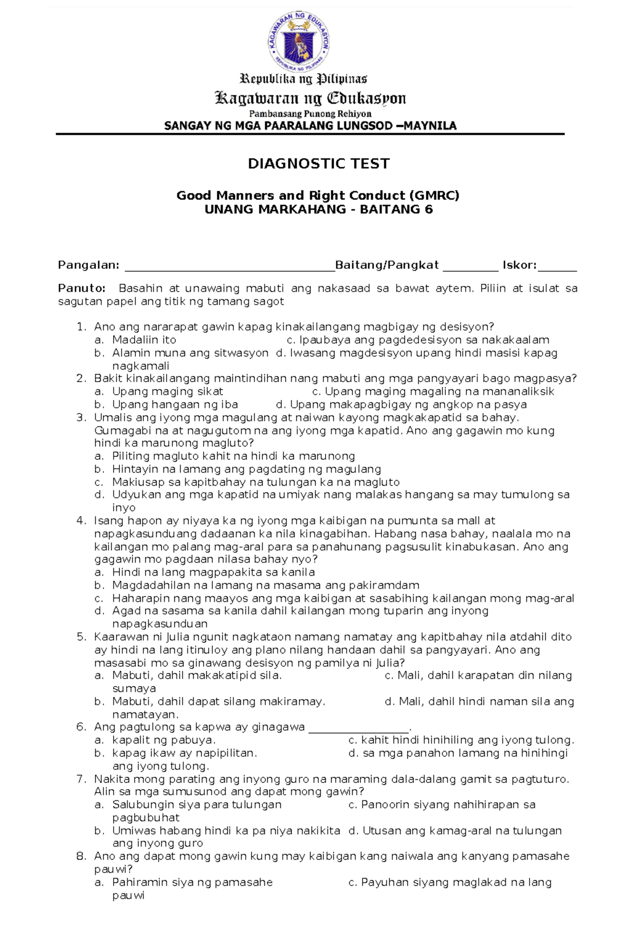 GMRC 6 UNANG MARKAHANG Diagnostic Test with Solutions & Key - Studocu