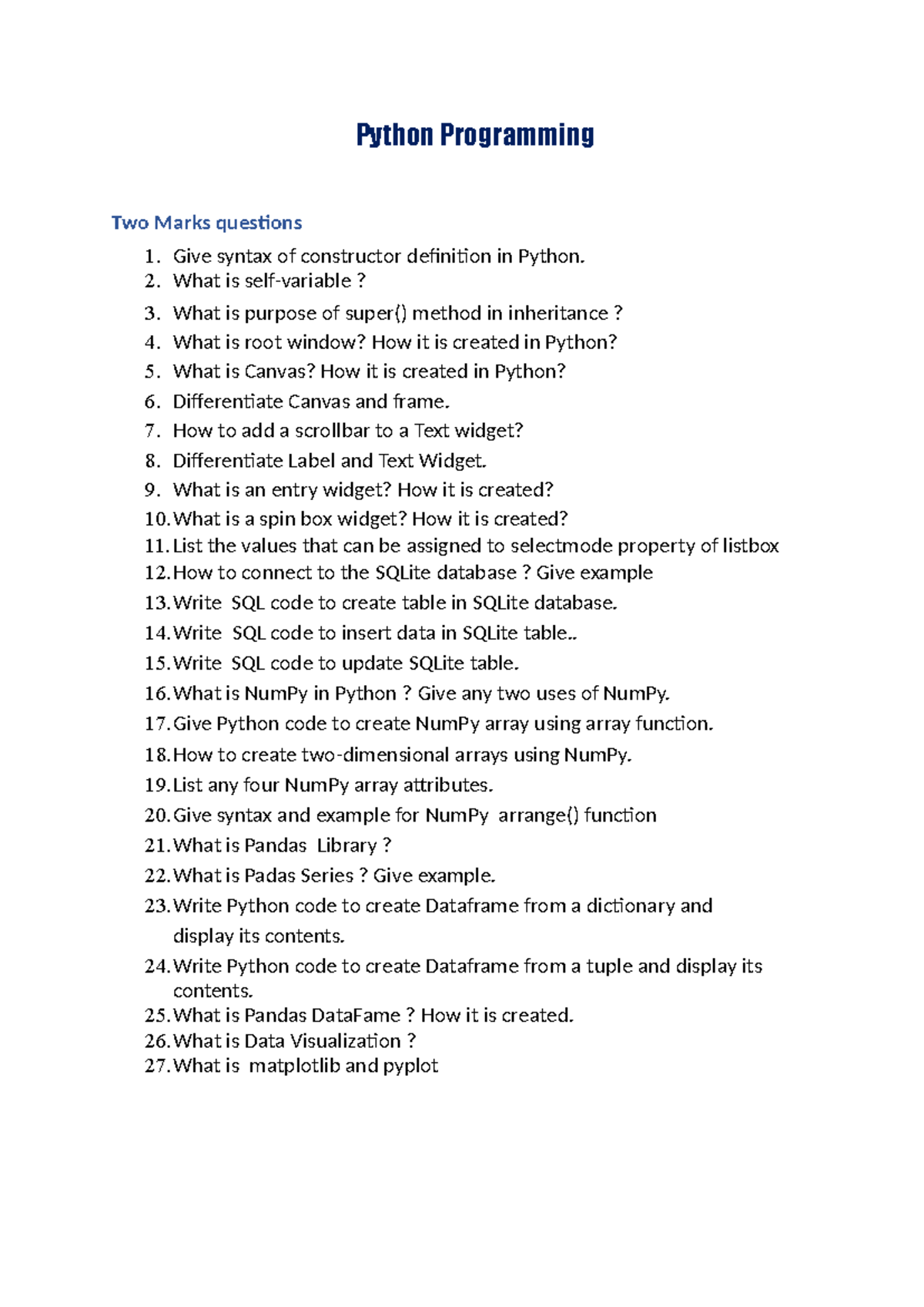 AU3-4 Python Programming Two Marks Questions and Answers - Studocu