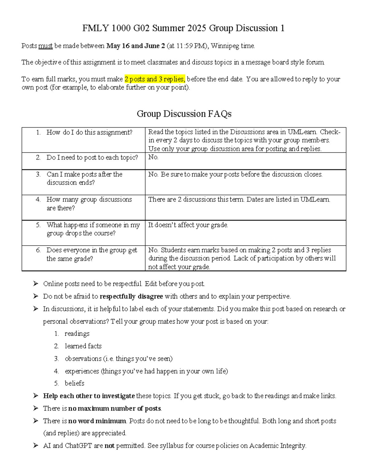 FMLY 1000 Summer 2025 Group Discussion 1 Instructions - Studocu