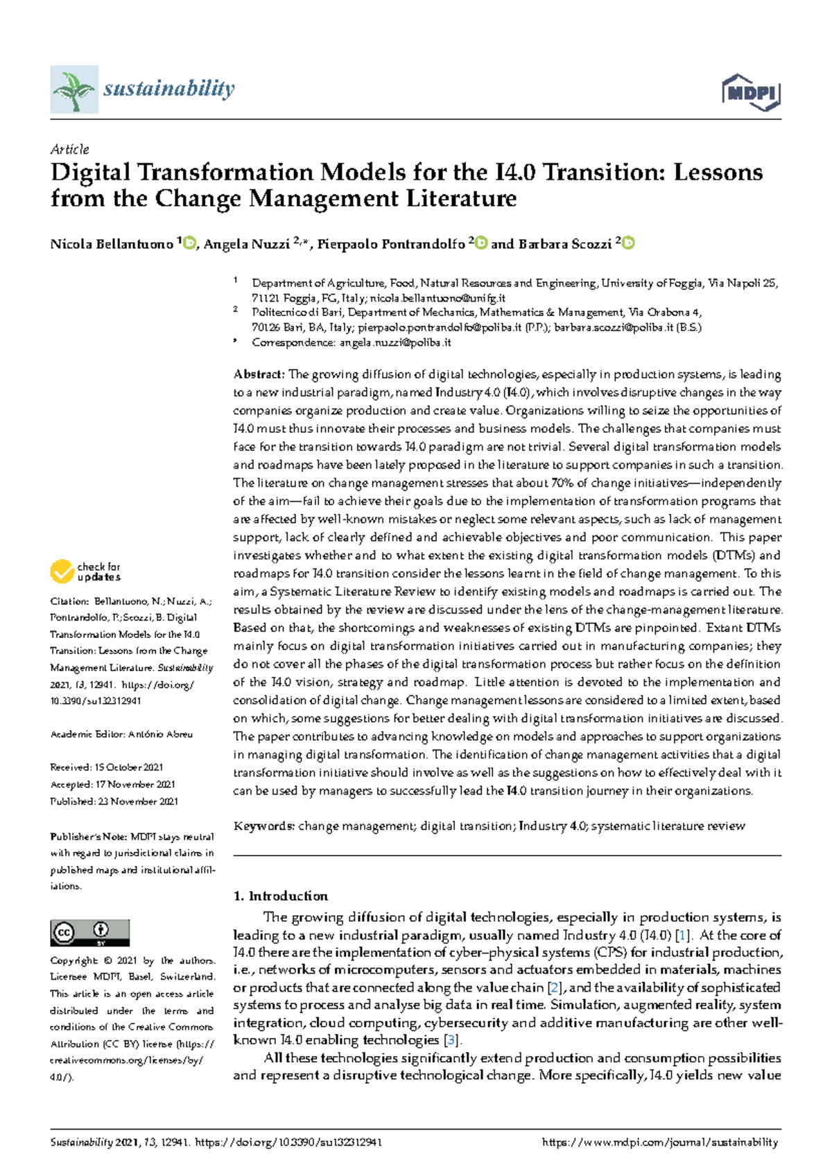Digital Transformation Models for I4.0: Insights from Change Management ...