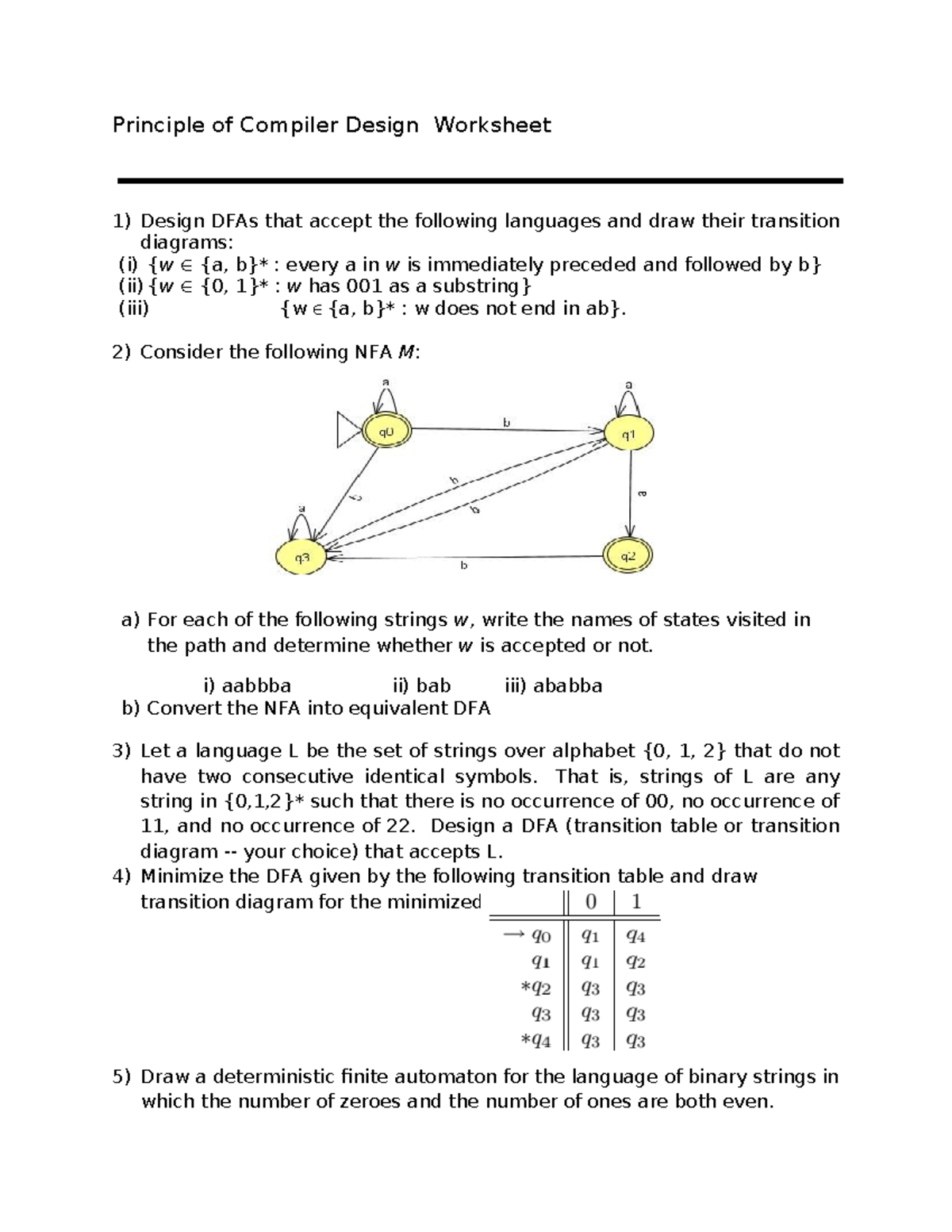 Compiler Design Worksheet: DFAs, NFAs, and Minimization Techniques ...