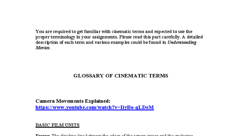 Glossary of Cinematic Terms for Film Studies (CIN101) - Studocu
