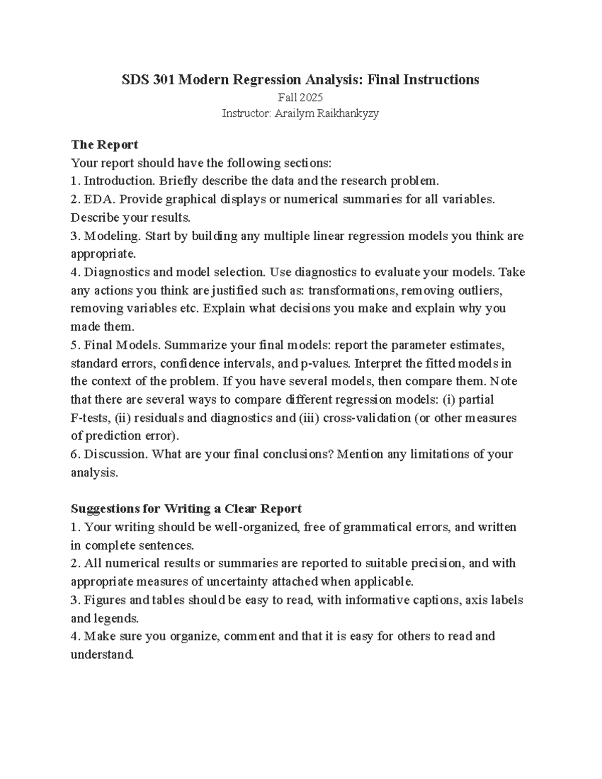 SDS 301 Modern Regression Analysis: Final Report Guidelines Fall 2025 ...