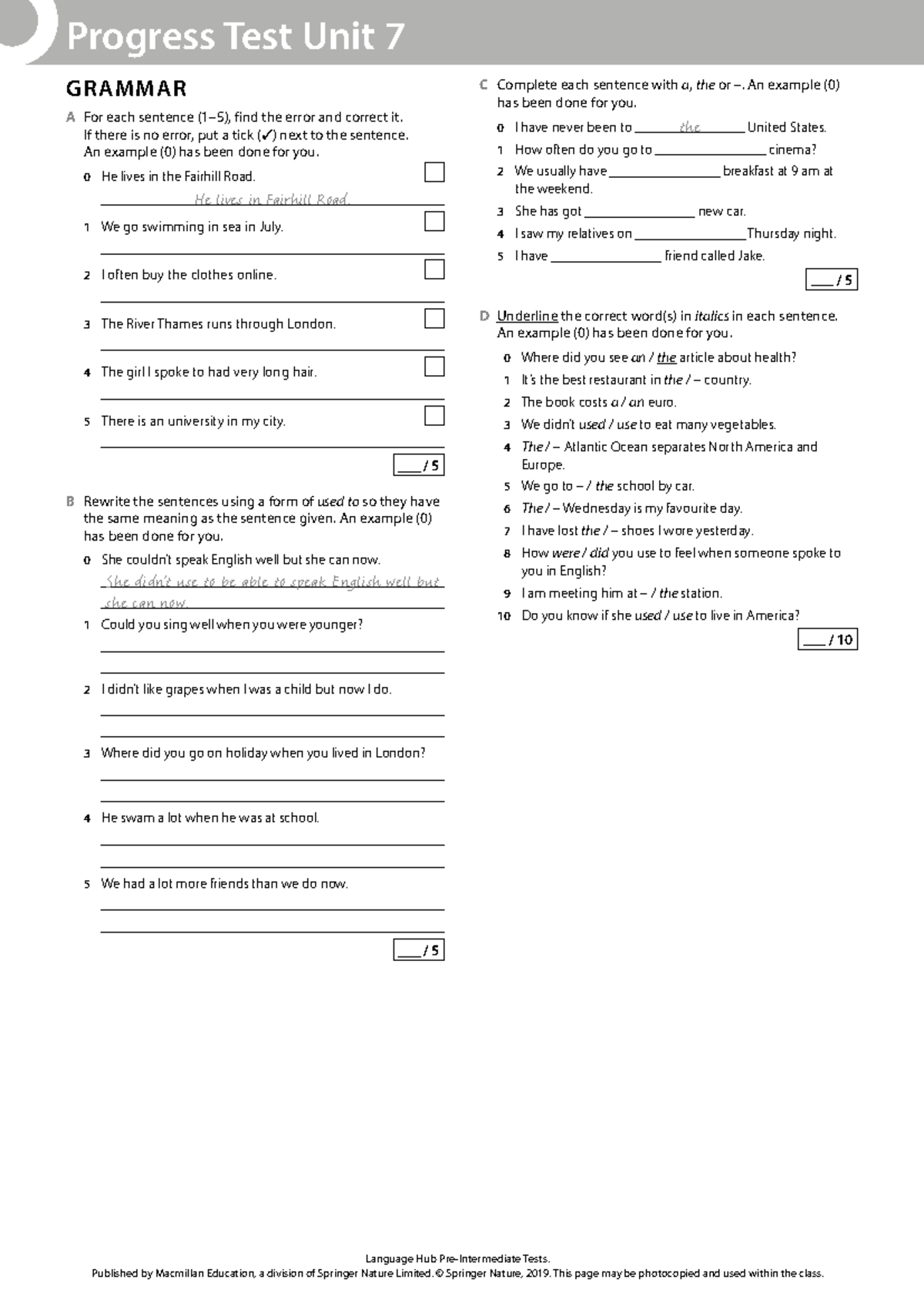 Pre Inter Unit 7 Homework 3: Grammar Test on Articles and Usage - Studocu