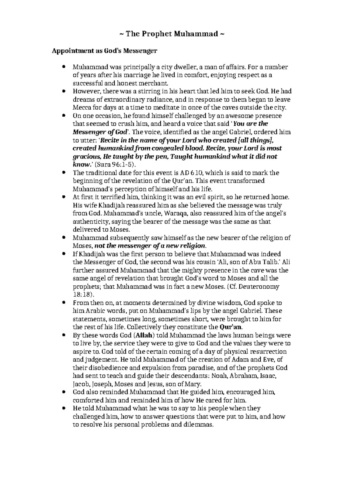 The Prophet Muhammad: Appointment as God's Messenger (Rel 101) - Studocu