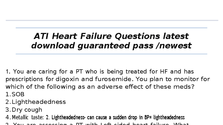 ATI Heart Failure & PAD Study Questions for Guaranteed Pass - Studocu
